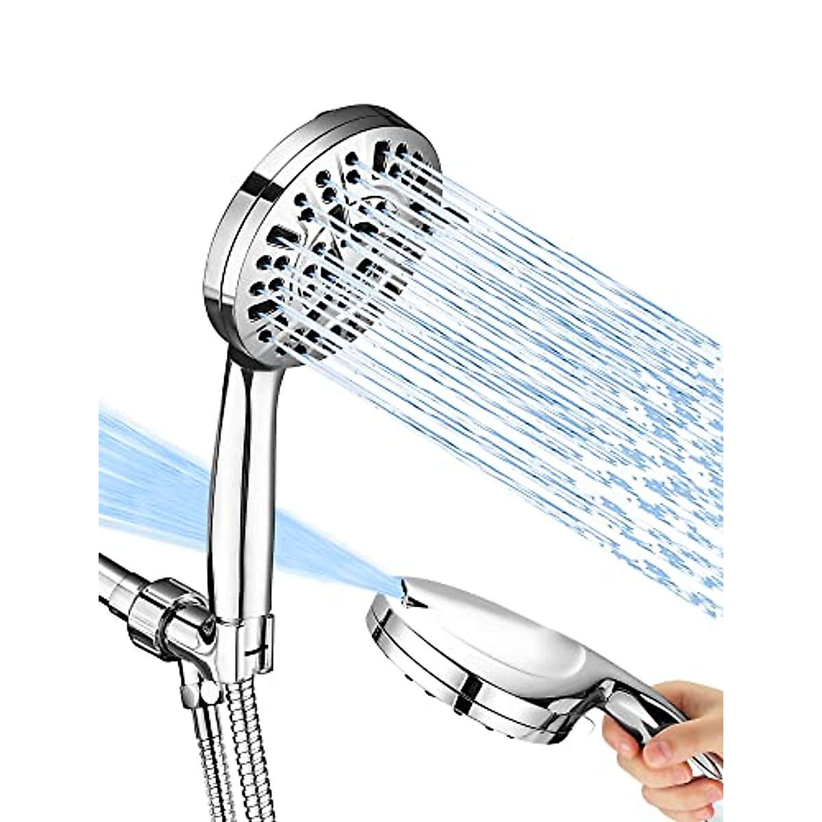 Likense High Pressure Shower Head with Handheld, 10 Spray Settings Water Saving Shower Heads with Stainless Steel Hose,Holder & PTFE Tape, Wider Silver Face for Tubs Tiles Walls Pets Cleaning