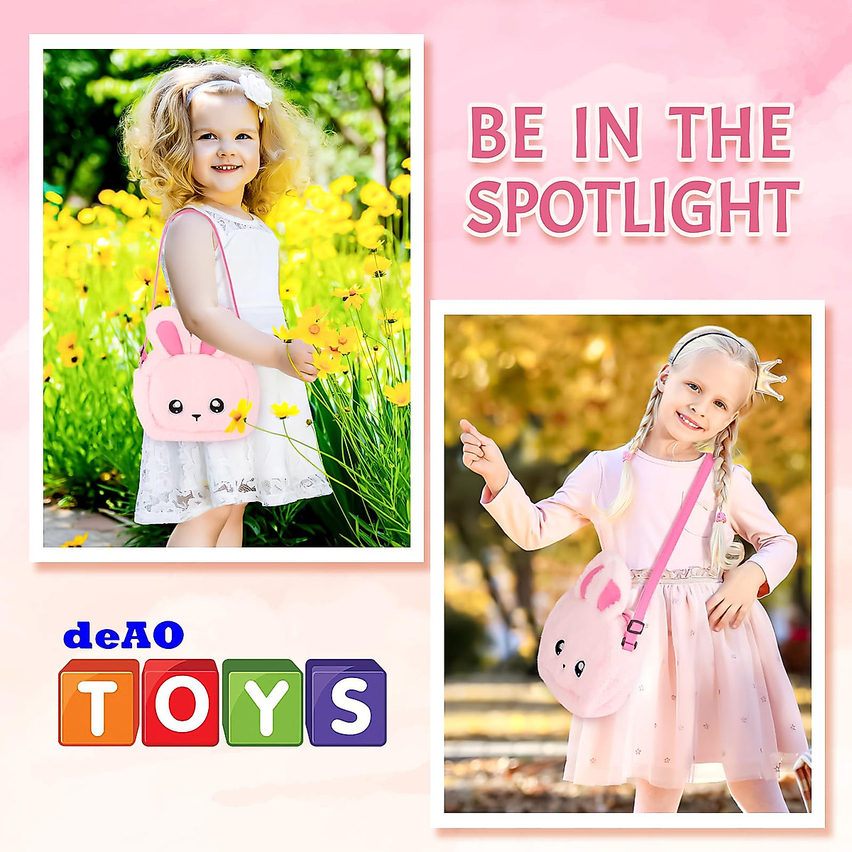 deAO Rabbit Bunny Plush Bag with 11.5" Fashion Doll, Cute Animal Backpack Cosmetic Purse Storage Bag, Doll with Fashion Plush Clothes Playset, Adjustable Strap Pink Fluffy Bunny Handbags for Girls