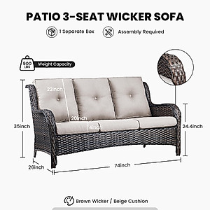 Belord Outdoor Furniture 3-Seater Rattan Sofa Patio Wicker Sofa Couch Furniture Set with Washable Cushions