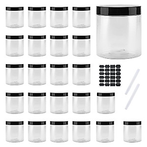 LEXININ 24 PCS 16oz Round Clear Plastic Jars with Lid, 500ml Empty Jars with Sticker, Plastic Round Spice Jars for Kitchen Home