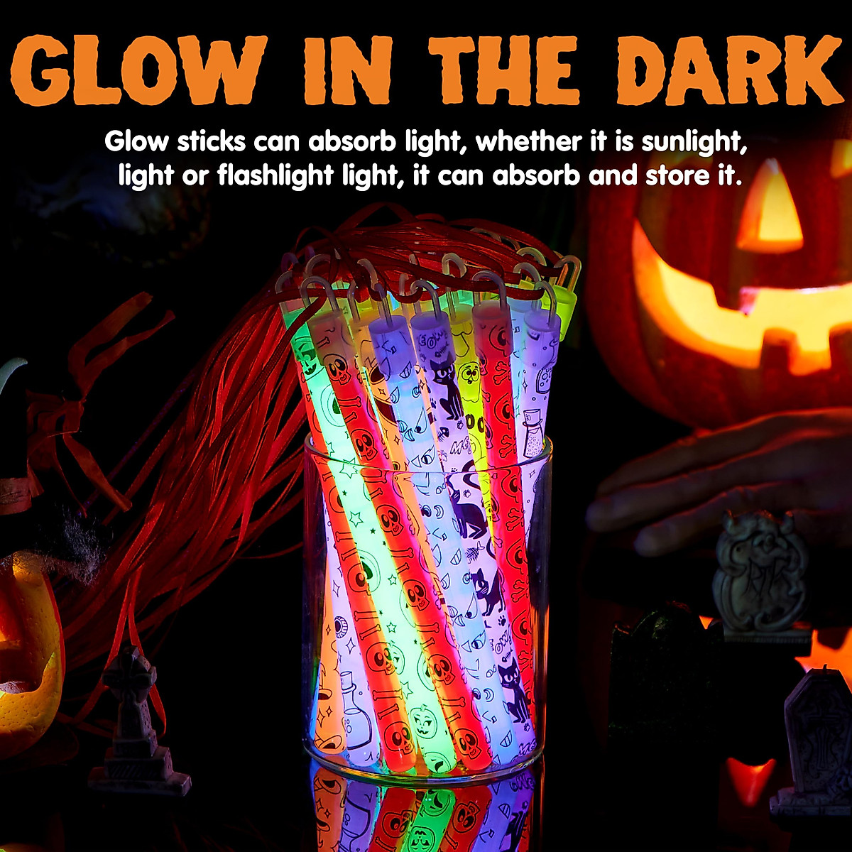 JOYIN 30 Pcs Halloween Glow Sticks Bulk Party Pack, Hanging Wands in 8 Designs, 6 Colors Light Up Sticks for Kids Glow in The Dark Halloween Party Favor Supplies, Halloween Goodie Bag Filler