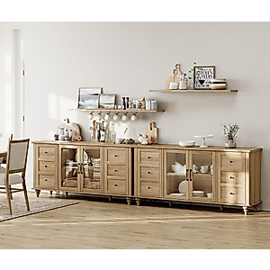 WAMPAT 2 in 1 Glass Door Farmhouse TV Stand for TVs Up to 110 inch, Wood Universal TV Console Table with Storage Cabinets, Entertainment Center for 32-110 inch TV Console Cabinet, 116'', Oak