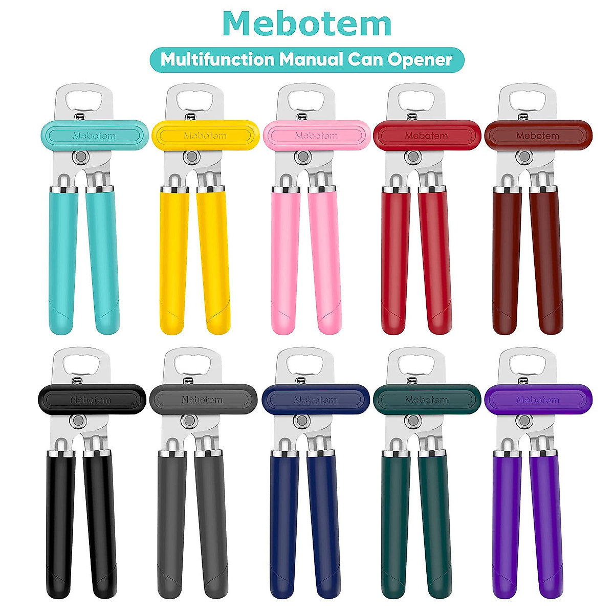 Mebotem 10 Colors Can Opener Manual Handheld Heavy Duty Hand Can Opener Smooth Edge Stainless Steel Can Openers Top Lid Kitchen Gadgets, Best Large Rated Easy Turn Knob, with Bottle Opener, Pink