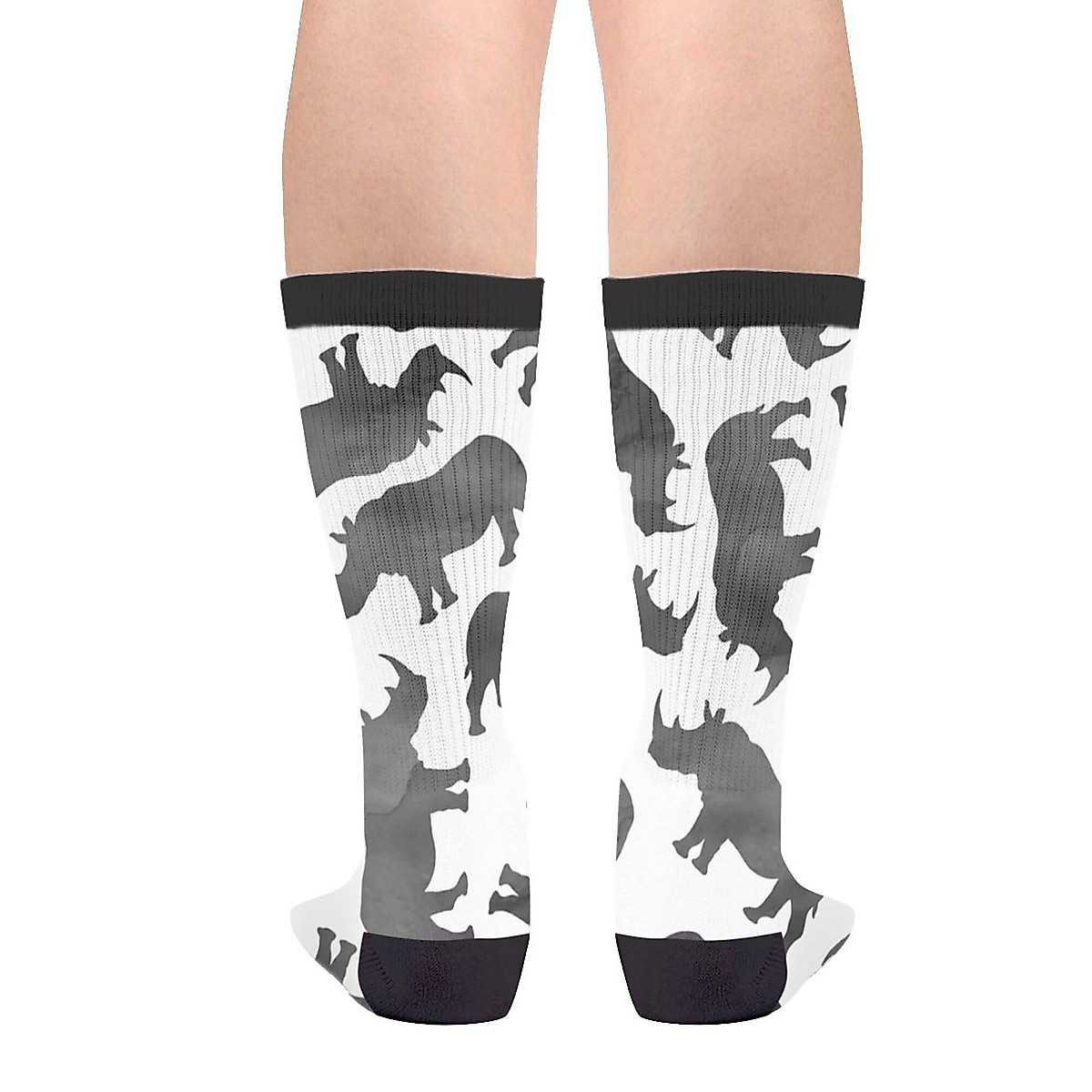 Unisex Fun Novelty Crazy Crew Socks Tiny Watercolor Rhinos Monochrome Dress Socks