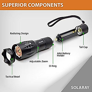 Solaray (New) Handheld LED Tactical Flashlights – Professional Series ZX-1 (2 Pack) – Bright High Lumen, 5 Light Modes, Adjustable Focus, Water Resistant - Great Gift for Men