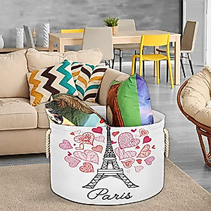 Valentine's Day Heart Eiffel Tower Large Round Baskets for Storage Laundry Baskets with Handles Blanket Storage Basket for Bathroom Shelves Bins for Organizing Nursery Hamper Girl Boy