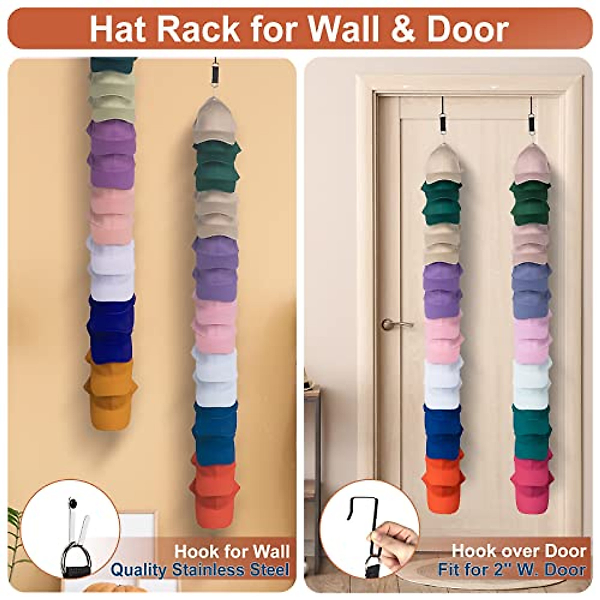 HYDERMUS Hat Rack 2 Pack for 32 Caps with Adjustable Height Over The Door Hat Organizer Metal Hat Holder with 32 Clips Hat Storage for Door and Wall