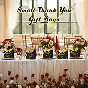 Jetec 45 Pcs Mini Paper Gift Bag Bulk 5.5x4.7x2.5'' Thank You Gift Bag with Handle Small Favor Bag with Bow Ribbon for Christmas Wedding Baby Bridal Shower Birthday Party(Black/gold)