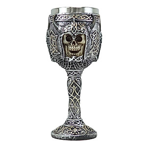 Ebros Viking Berserker Skull With Bison Horned Helmet Wine Goblet 7oz With Celtic Knotwork Patterns Vintage Chalice Cup With Food Safe Stainless Steel Liner As Halloween Ossuary Macabre Skulls Accent