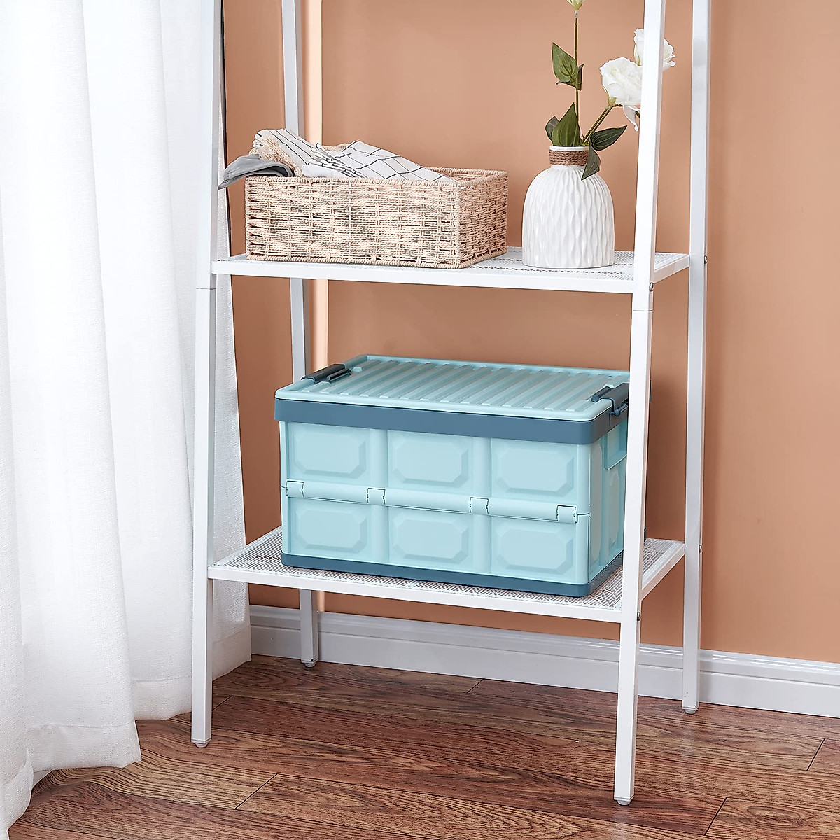 JUJIAJIA Blue Folding Plastic Stackable Utility Crates 2-Pack, Collapsible Storage Bins with Lids 30L, Durable Containers for Home & Garage Organization