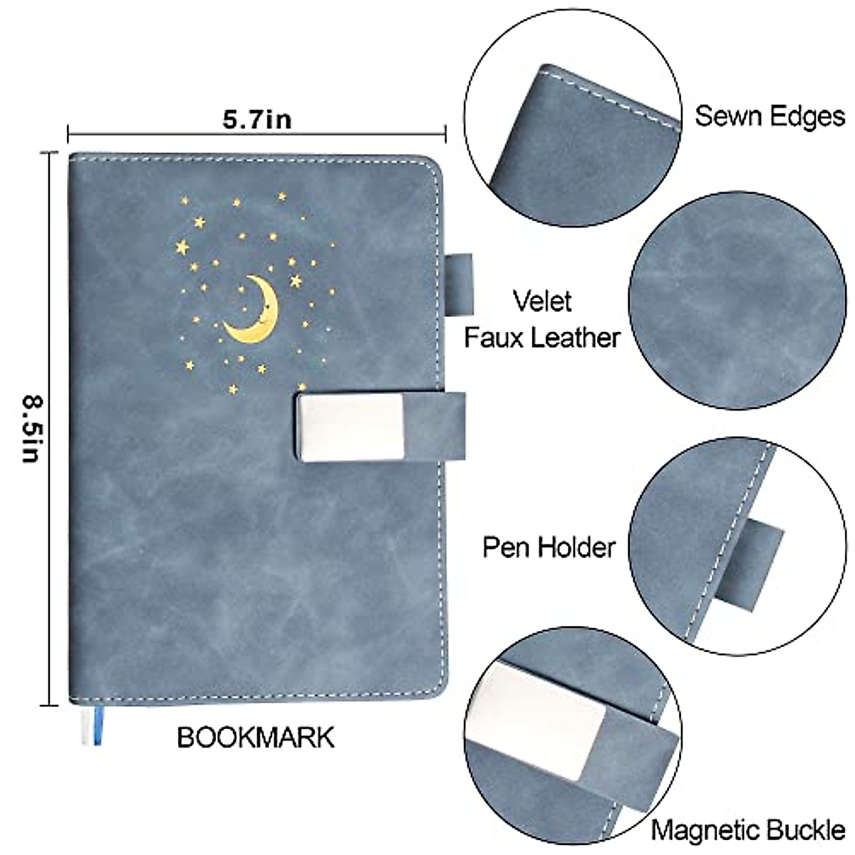 Lined Journal Notebook for Men & Women - 192 Numbered Pages 100gsm Thick Paper Vegan Leather Hardcover Writing journals - A5 Ruled Personal Diary for Work School - Moon and Stars (Blue)