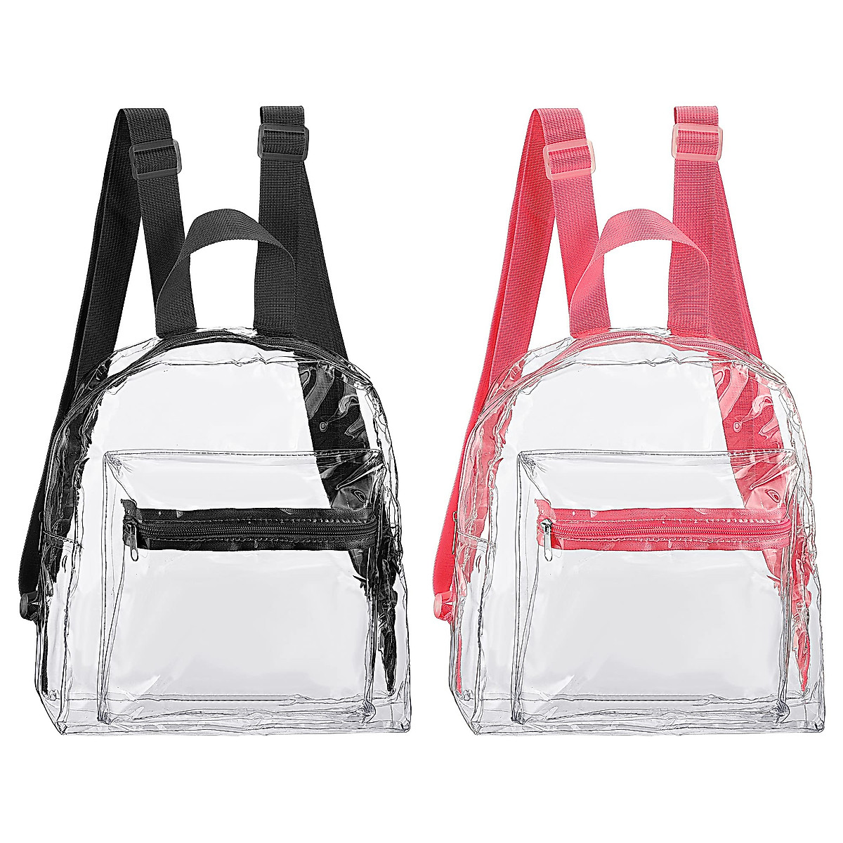 Zhehao 2 Pcs Clear Mini Backpacks Plastic Transparent Backpacks PVC Backpack for Kids, School, Concert, Beach, Stadium, Travel (Black, Pink)