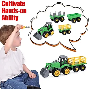 MINGPINHUIUS Farm Toys Truck Tractor with Trailer, Farm Car Set Take Apart Toys Farmer Vehicle Toy Set with Carry Case, Building Toy Birthday Gift for Kids Boys Girls