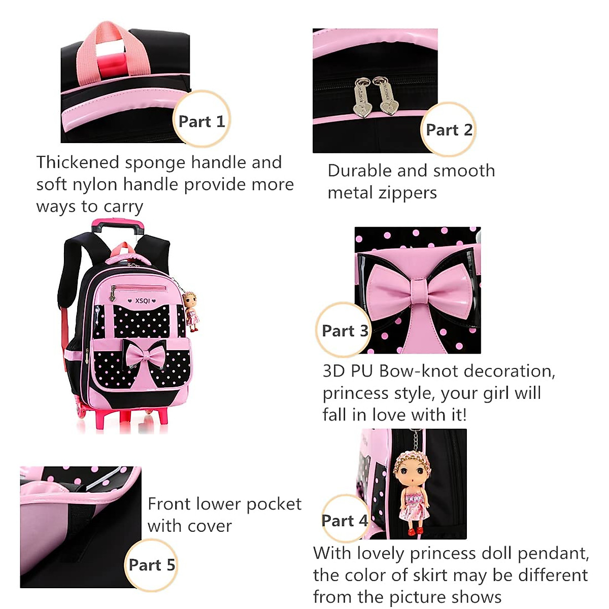 Bowknot Kids Rolling School Backpack 2Pcs Polka Dot Princess Style Trolley Bookbag on Six Wheels