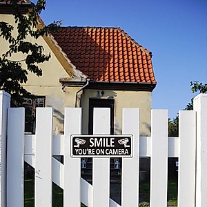 Smile You're on Camera Sign (2 Pack), Video Surveillance Sign Metal, 10" x 3.5" Home Security Signs for House Business, Camera Warning Sign Outdoor, Aluminum CCTV Sign for Yard
