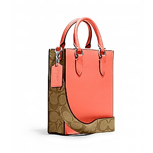 Coach Womens North South Mini Tote Crossbody Bag With Signature Canvas In Leather (Silver/Khaki/Tangerine)