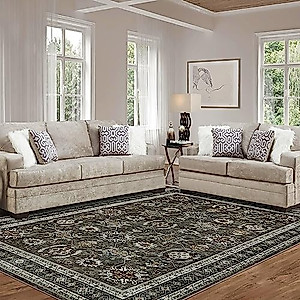 8x10 Area Rugs for Living Room: Large Machine Washable Rugs with Non-Slip Backing Non-Shedding Stain Resistant, Vintage Floral Carpet for Dining Room Bedroom Nursery Home Office - Gray/Black