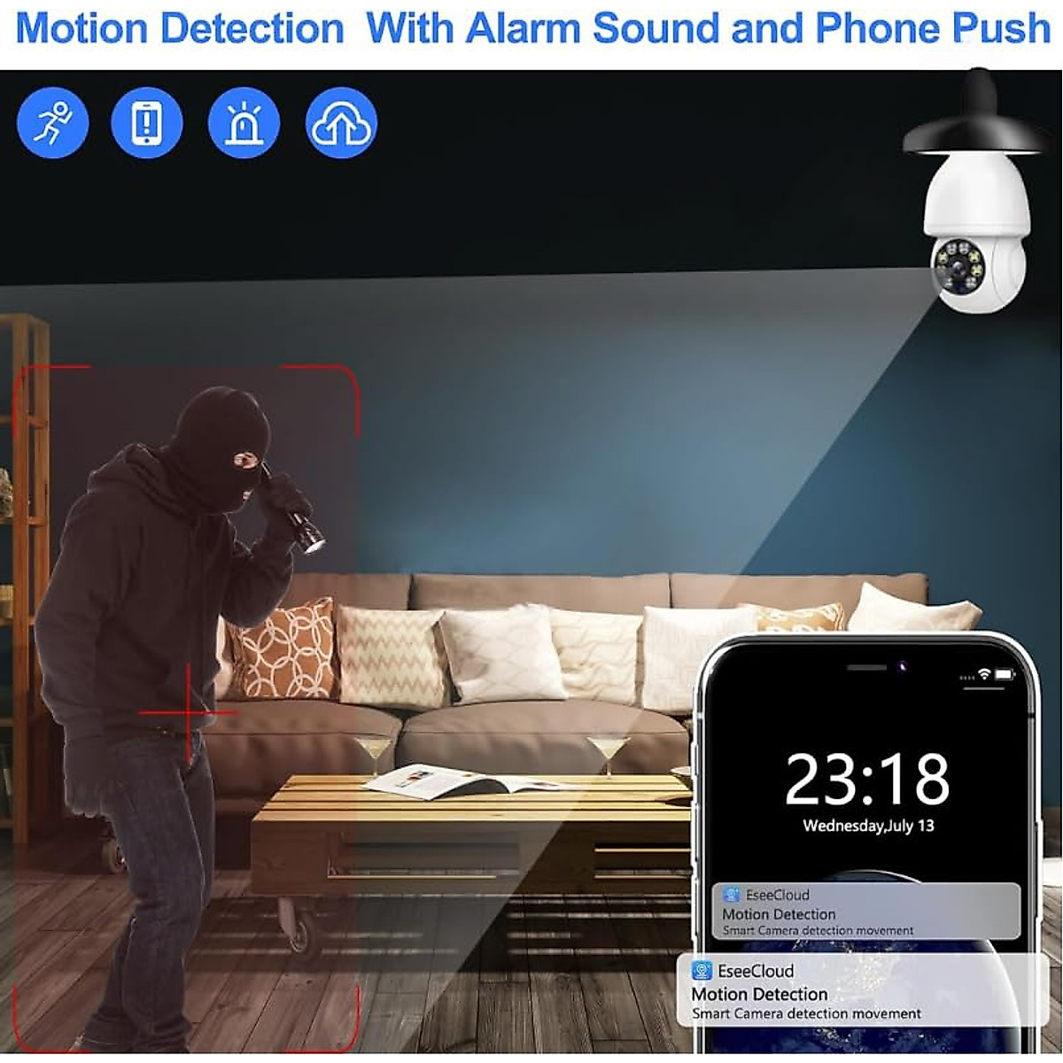 5G Light Bulb Security Camera,PTZ 360° Wireless Cameras Outdoor Indoor,1080P WiFi 6 Dual Band Home Surveillance Dome Cameras,2 Way Audio Color Night Vision,Motion Detection Alarm E27