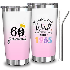 60th 1965 Birthday Gifts for Women, 60 Year Old Birthday Cups Gifts for Her, 60th Birthday Decorations for Woman, Cool 60 Gift for Women Turning 60, 60 and Fabulous 20 OZ Stainless Steel Tumbler