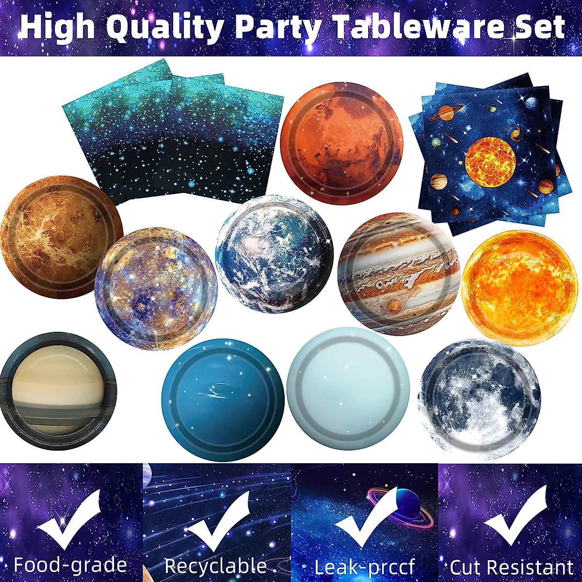 UROINEPA Space Theme Party Decorations 100Pcs Galaxy Planet Outer Space Disposable Plates and Napkins for Kids Space Solar System Planets Baby Shower Birthday Party Decorations