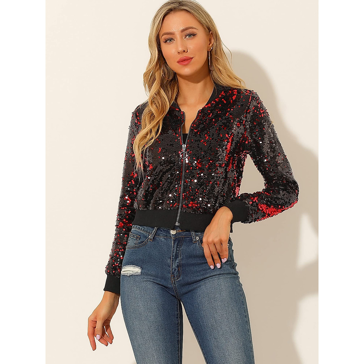 Allegra K Women's Halloween Sequin Jacket 2024 Fall Party Shiny Glitter Sparkly Bomber Jackets Medium Red