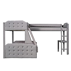 Demofit Bunk Bed and Twin Size Loft Bed and Desk, L-Shaped Twin Over Full Size Bed Frame with Ladder nd Full-Length Guardrail for Bedroom,No Boxspring Required (Grey)