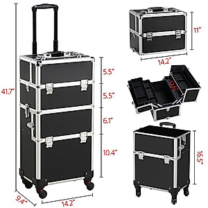 Yaheetech Rolling Makeup Train Case 3 in 1 Cosmetic Makeup Case Large Aluminum Trolley Makeup Travel Case Professional Rolling Cosmetic Beauty Storage, with 360° Swivel Wheels, Black