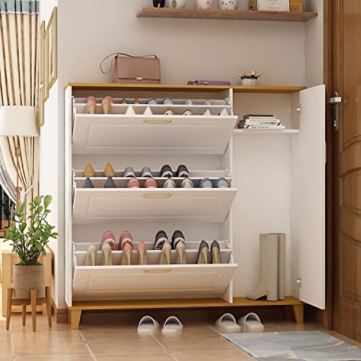 DiDuGo Modern Shoe Storage Cabinet with 3 Compartment & 1 Locker, Shoe Cabinet Organizer for Entryway White-Walnut (47.2”W x 9.5”D x 49.4”H)