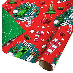 American Greetings Reversible Christmas Wrapping Paper for Kids, Minecraft and Polka Dots (1 Roll, 75 sq. ft.)