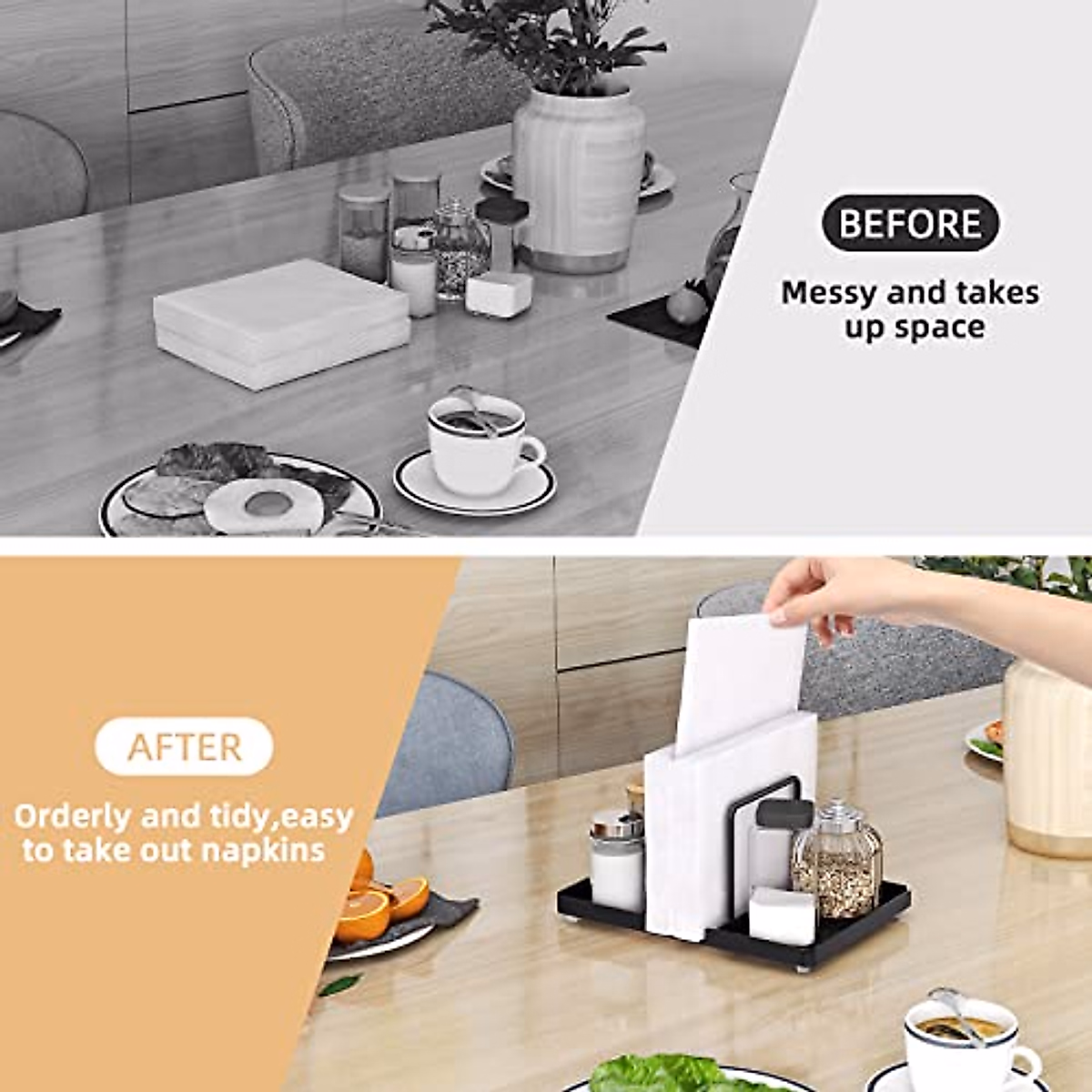 Napkin Holder for Table, Metal Napkin Holder with Salt and Pepper Shakers Caddy, Standing Paper Napkin Storage for Kitchen Dining Table Decor, Black