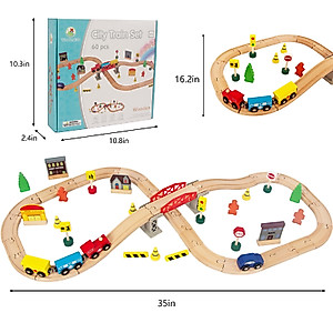 WoodenEdu 60Pcs Train Set for Toddlers, Bridge & Double-Side Wooden Train Set Tracks, Fits Brio, Thomas, Melissa and Doug, Kids Gift Toys for 3 4 5 Years Old Boys Girls