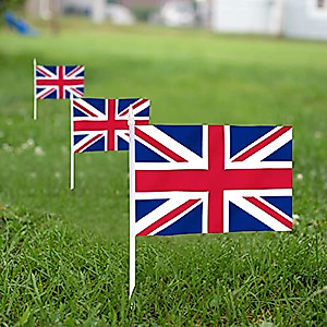 Anley British Union Jack UK Mini Flag 12 Pack - Hand Held Small Miniature Great Britain Flags on Stick - Fade Resistant & Vivid Colors - 5x8 Inch with Solid Pole & Spear Top