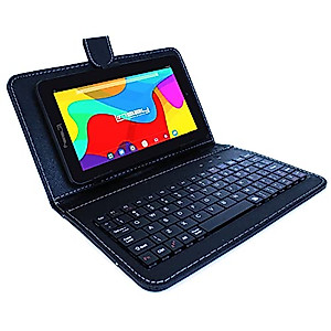 LINSAY 7" 2GB RAM 32GB Storage Android 12 Tablet with Black Leather Keyboard, Pop Holder and Pen Stylus