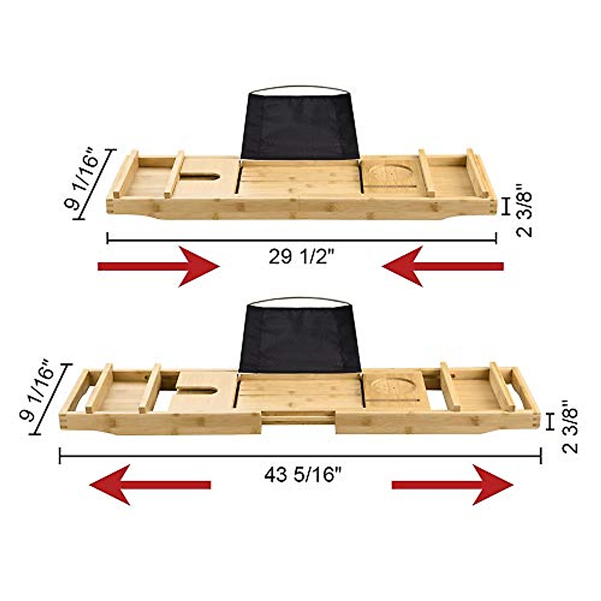 Yescom Extendable Bamboo Bathtub Caddy Tray Organizer Over Tub Rack Phone Tablet Holder 2 Side Trays with Free Soap Dish for Bathroom Spa Reading