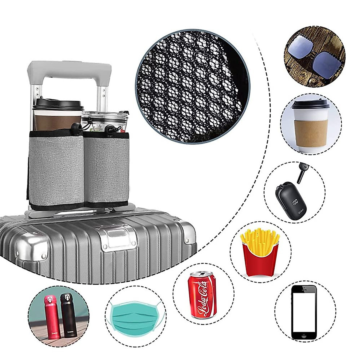 Luggage Cup Holder for Suitcase, qozabualy Hand Free Travel Bottles Carrier,Universal Suitcase Drink Holder - Hold Two Travel Mugs, Gifts for Flight Attendants Travel Essentials (Pink)