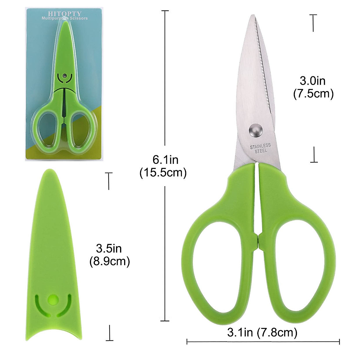 HITOPTY Green Multipurpose Scissors, 6in Straight Sturdy Sharp Scissors for Office School Student Home General Use Sewing Fabric Craft Supplies with Cover