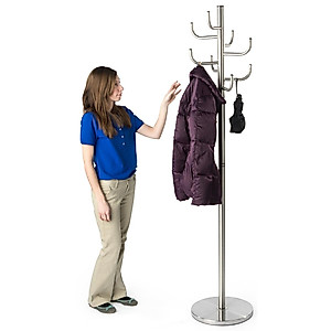 Displays2go Coat Racks with 8 Hooks, Weighted Base, Metal (Stainless Steel) – Brushed Silver Finish (CTHNGCRSV)