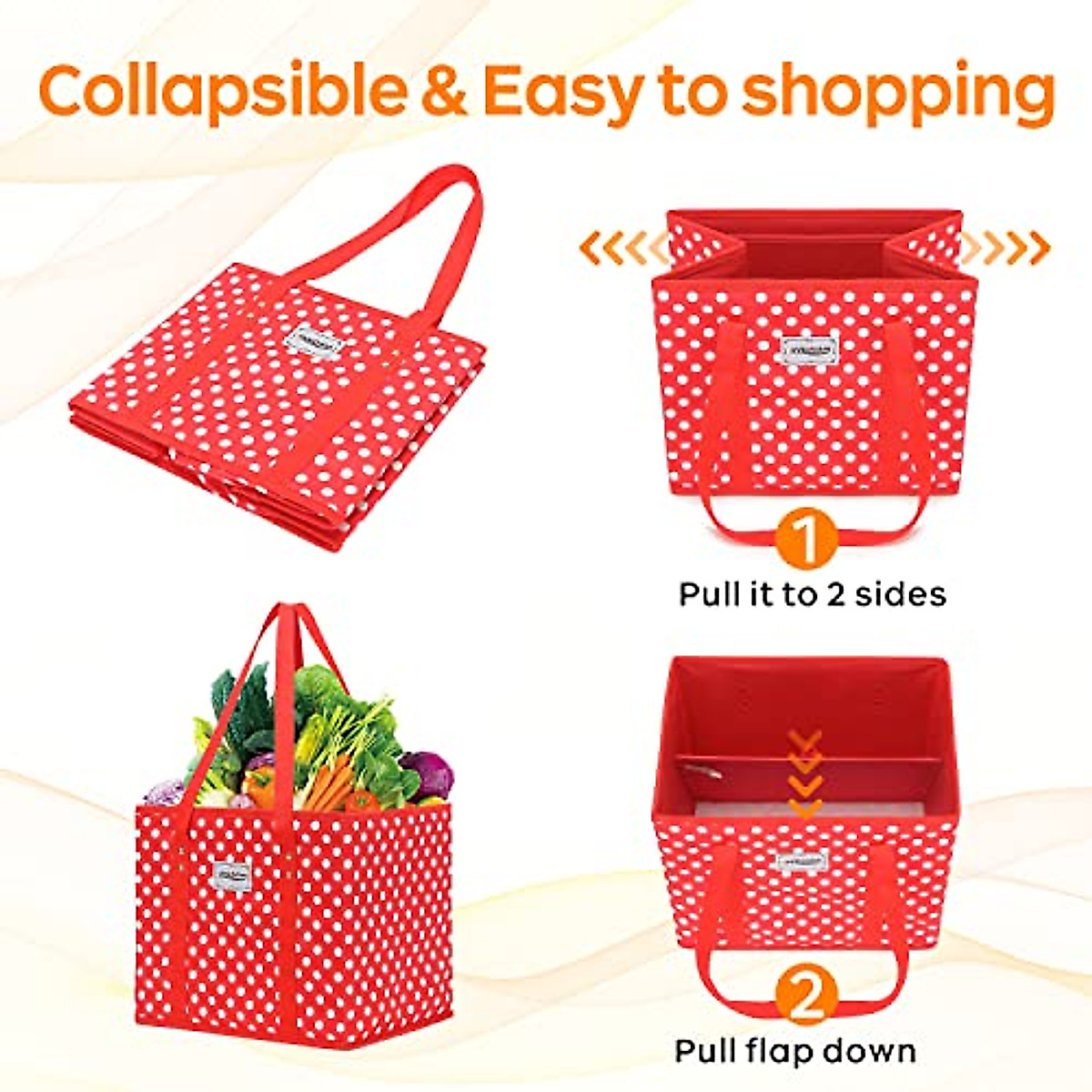 MVSCOCEAN Reusable Grocery Bags, Shopping Cart Bag,Heavy Duty,Hard Bottom Foldable Trunk Organizer,Set of 3 (Polka Dot Red)