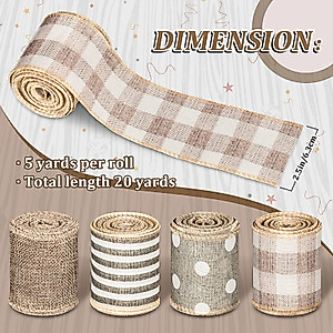 Whaline Farmhouse Wired Edge Ribbon 4 Rolls White Polka Dots Buffalo Plaid Stripe Ribbon Rustic Farmhouse Craft Ribbon for Spring Wedding Ribbon Wreaths Assorted DIY Gift Wrapping 2.5In x 20 Yard