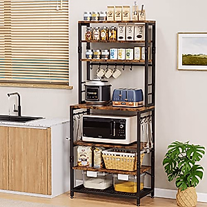 Amosic Industrial Kitchen Baker’s Rack, Multiuse 7-Tier Metal Kitchen Bakers Rack, 6 S-Hooks, Floor Standing Spice Rack Organizer Workstation, for Microwave, Spice Jars, Pots and Pans, Rustic Brown