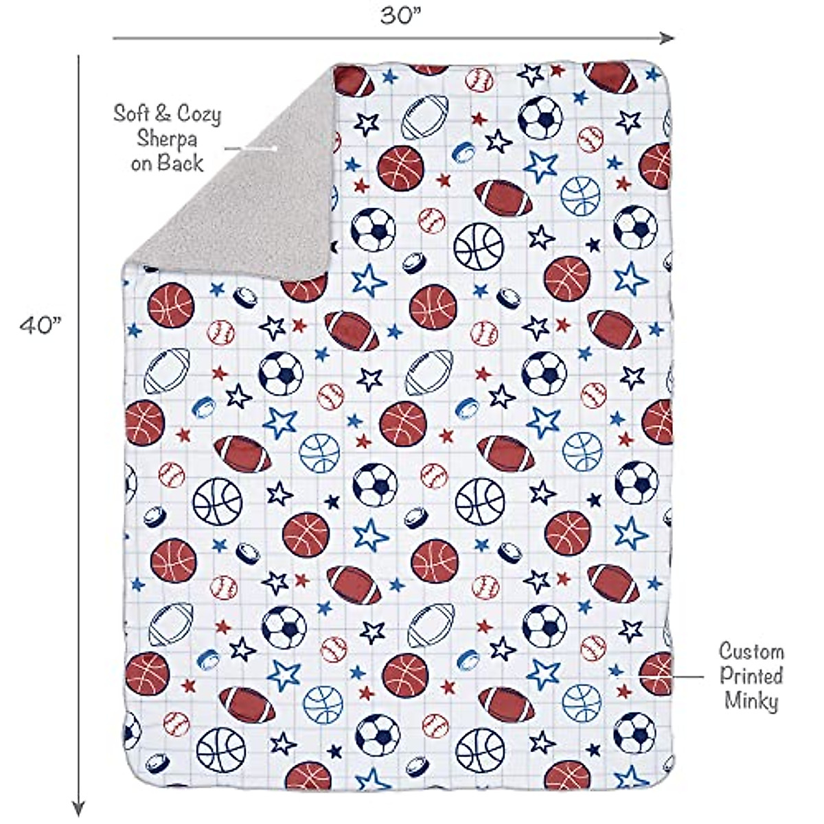 Lambs & Ivy Baby Sports White Fleece Baby Blanket - Football/Basketball/Baseball