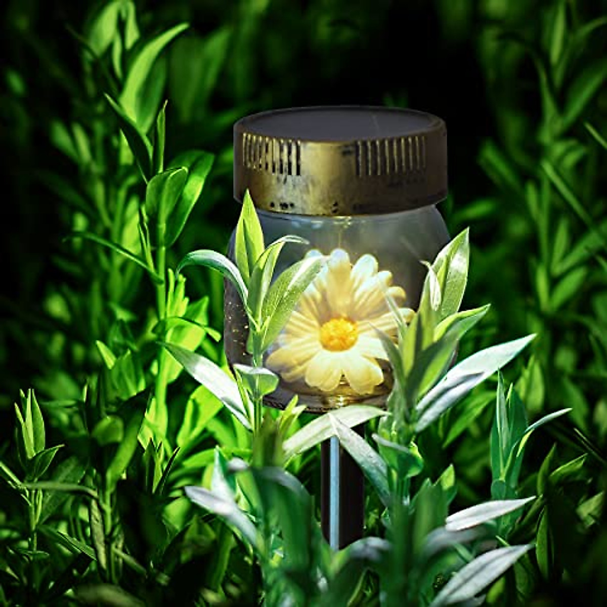 3-Pack Glass Daisy Flower in a Jar Stake Lights - Solar LED Waterproof Outdoor Garden Decor - Decorative Electronic Light Fixture Jars for Yard, Lawn, Patio, Deck, Pathway, Pond, Backyard