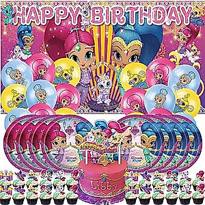 Shimmer and Shine Party Supplies Paltes Cake Toppers Balloons For Boys Girl Banner Backdrop Birthday Set Decor