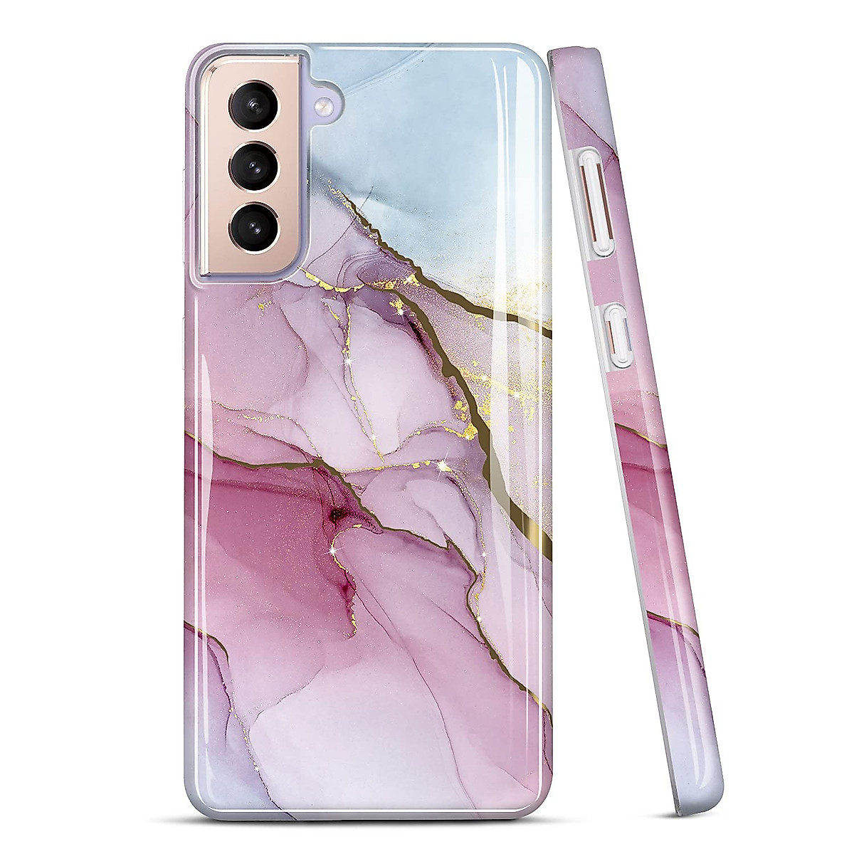 JIAXIUFEN Galaxy S21 Case Gold Electroplated Glitter Marble Slim Shockproof TPU Soft Rubber Silicone Cover Phone Case for Samsung Galaxy S21 5G 6.2 inch 2021 Purple Blue