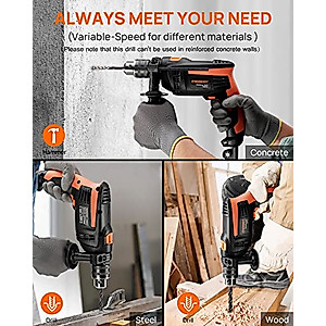ENGiNDOT Hammer Drill, 1/2-Inch 6-AMP Corded Electric Hammer Drill with 2800RPM, Variable Speed, Drill Chuck, 10 Drill Bits for Home Improvement, Concrete, Steel, Wood (NOT for Reinforced Concrete)