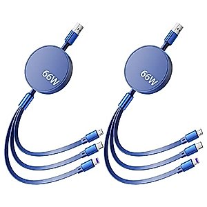 66W Retractable Multi 3 in 1 Charging Cable 3.6FT Super Fast Charger Cable with Type C/Micro USB/IP for iPad Pro, Phone 14/13/12,Samsung S23/S22/S21,PS5,Huawei,Tablets,C Charger and More(2Pack,Blue)