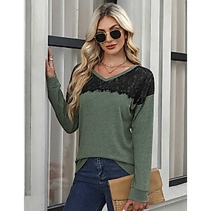 For G and PL Womens Casual Dressy Cotton Lace Trim Sweatshirt Fall Loose Fit Long Sleeve V Neck Top Sweater Forest Green L