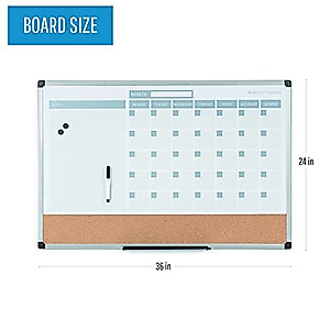 MasterVision Magnetic Dry Erase Monthly Calendar Planner Push Pin Corkboard Combo with Marker Tray, 24" x 36", Gray Plastic Frame, White, MB0707186P