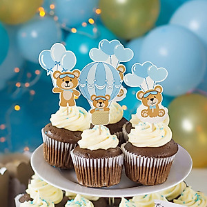 Hot Air Balloon Pilot Bear Cupcake Cake Toppers Aviator Fly Baby Shower Birthday Party Decorations Supplies (Hot Air Balloon Pilot Bea)