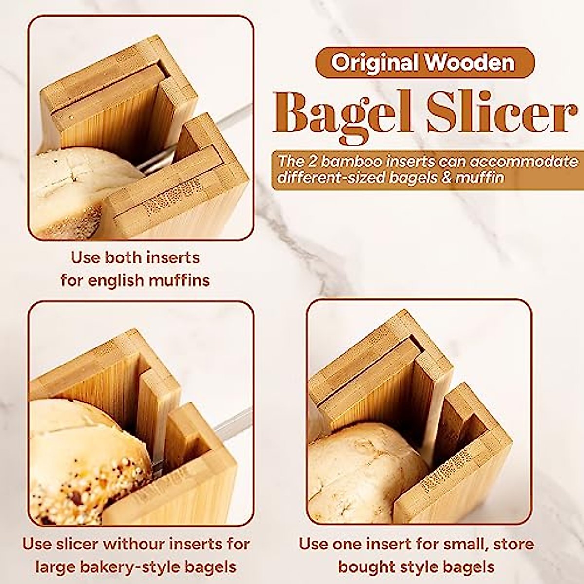 Bagel Slicer for Small and Large Bagels - Adjustable Bagel Cutter Slicer - Bamboo Muffin Slicer w/Minimalist Design - Easy to Use English Muffin & Mini Bagel Bamboo Bread Slicer